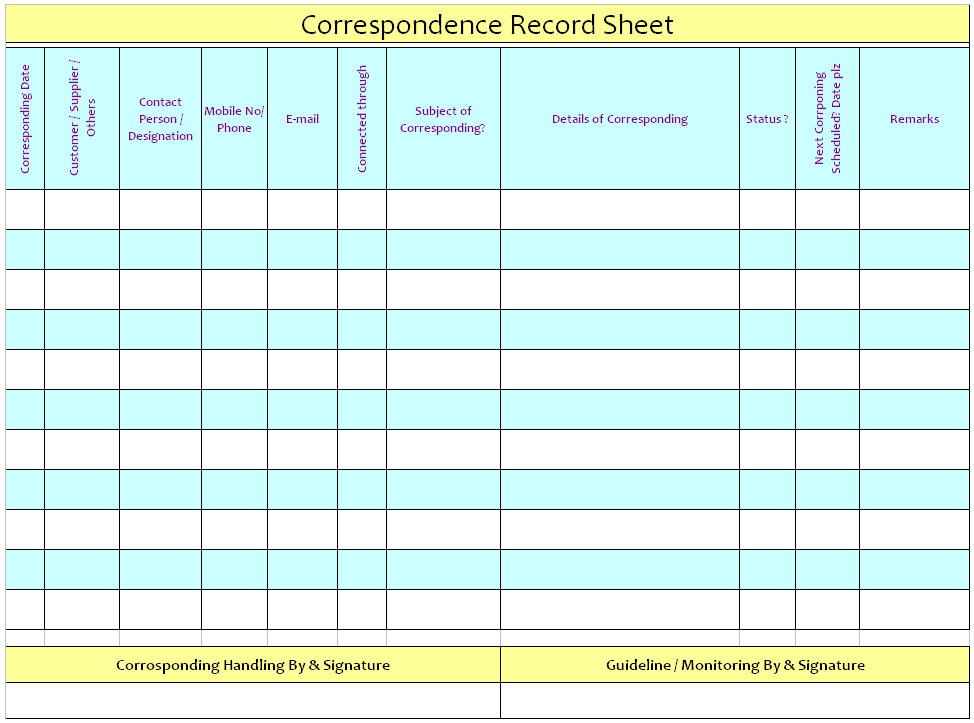 Correspondence Record Sheet format | Samples | Word Document Download Correspondence Record Sheet format | Samples | Word Document Download