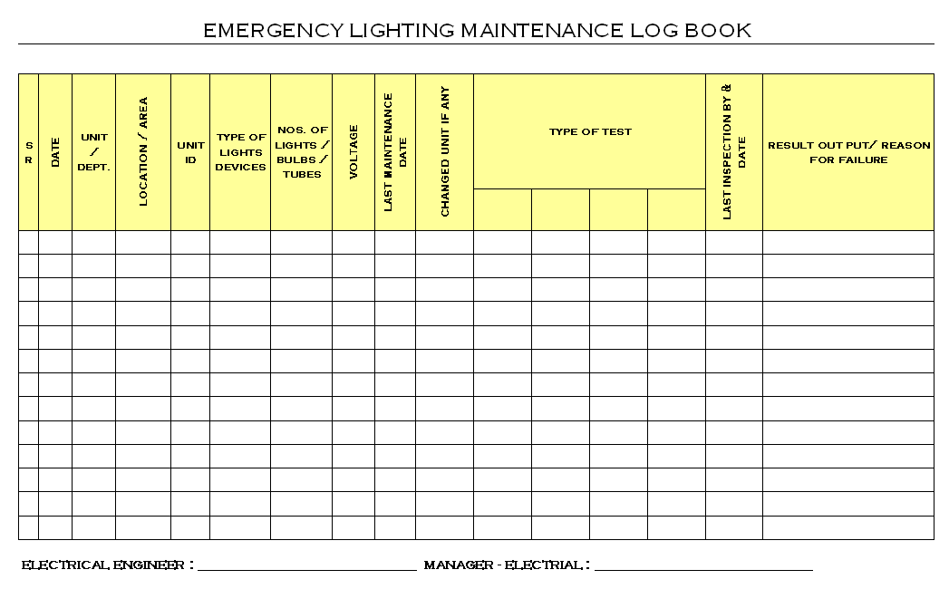 Free Printable Emergency Lighting Test Log Template - Printable ... Free Printable Emergency Lighting Test Log Template - Printable ...