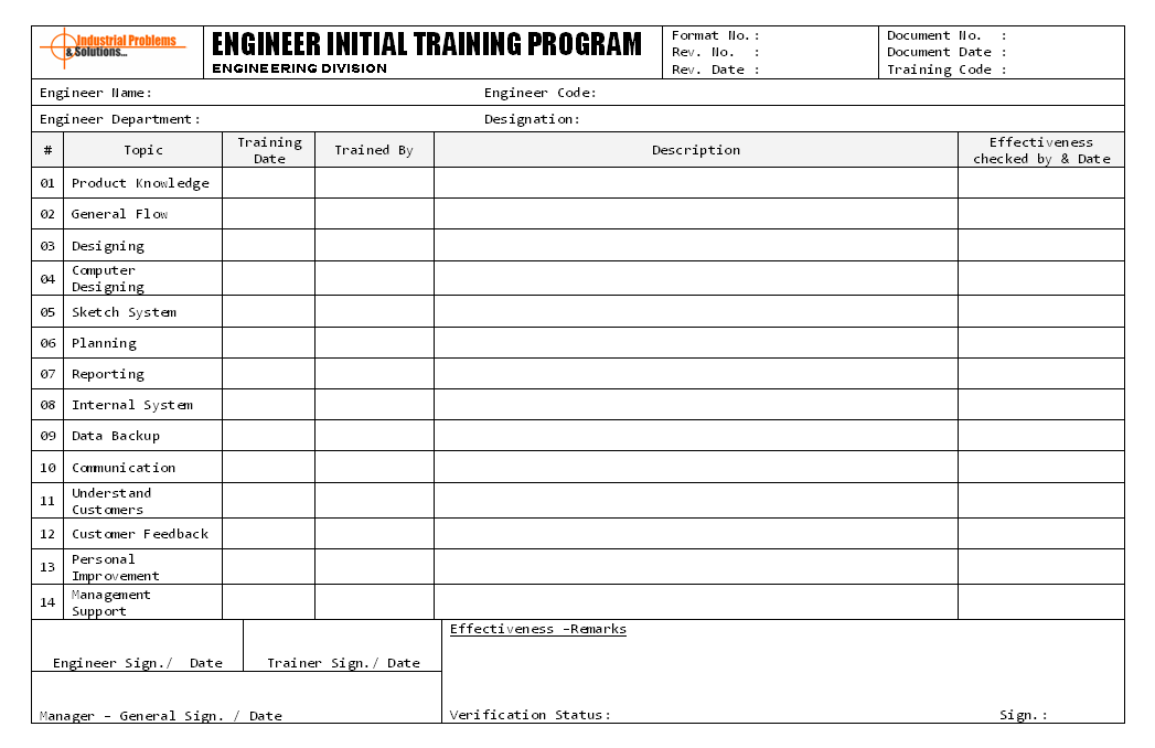 Engineer Initial Training Program Format