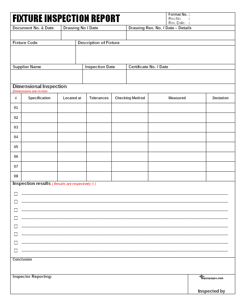 Fixture Inspection Report Format