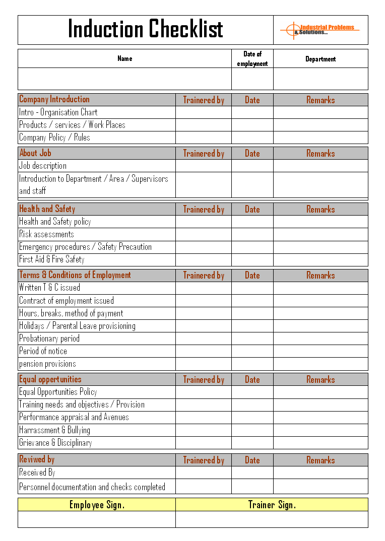 Induction Checklist Format Induction Checklist Format