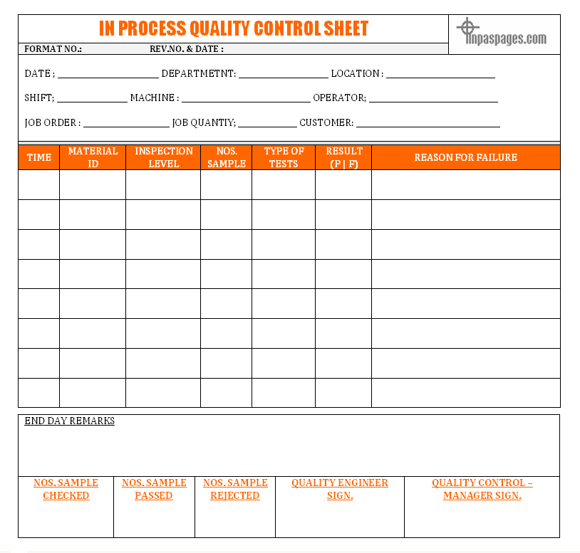 In process Quality Control Sheet Format