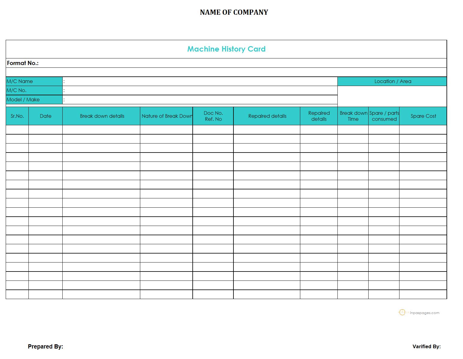 Machine History Card Format Word PDF Report