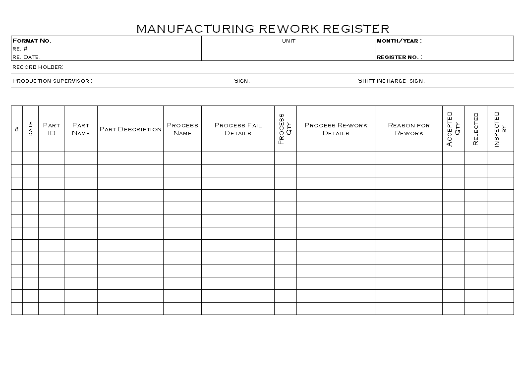 Manufacturing Rework Register Format Manufacturing Rework Register Format