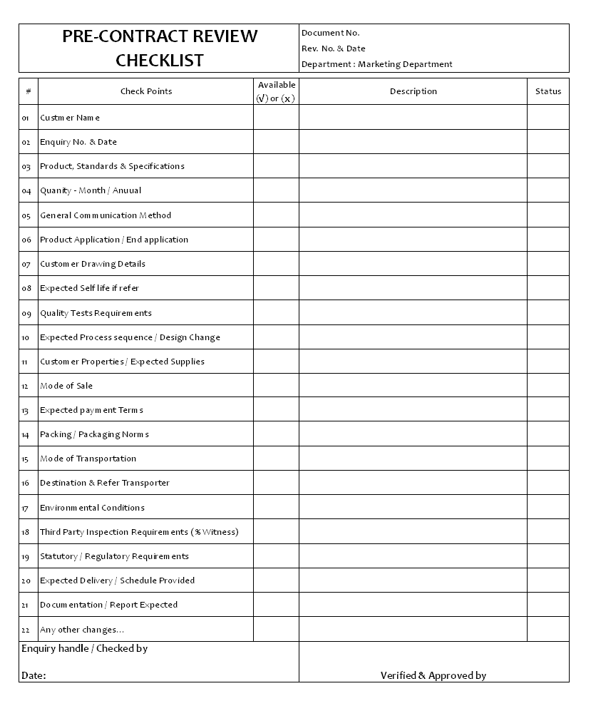 Pre-contract Review Checklist Format Pre-contract Review Checklist Format