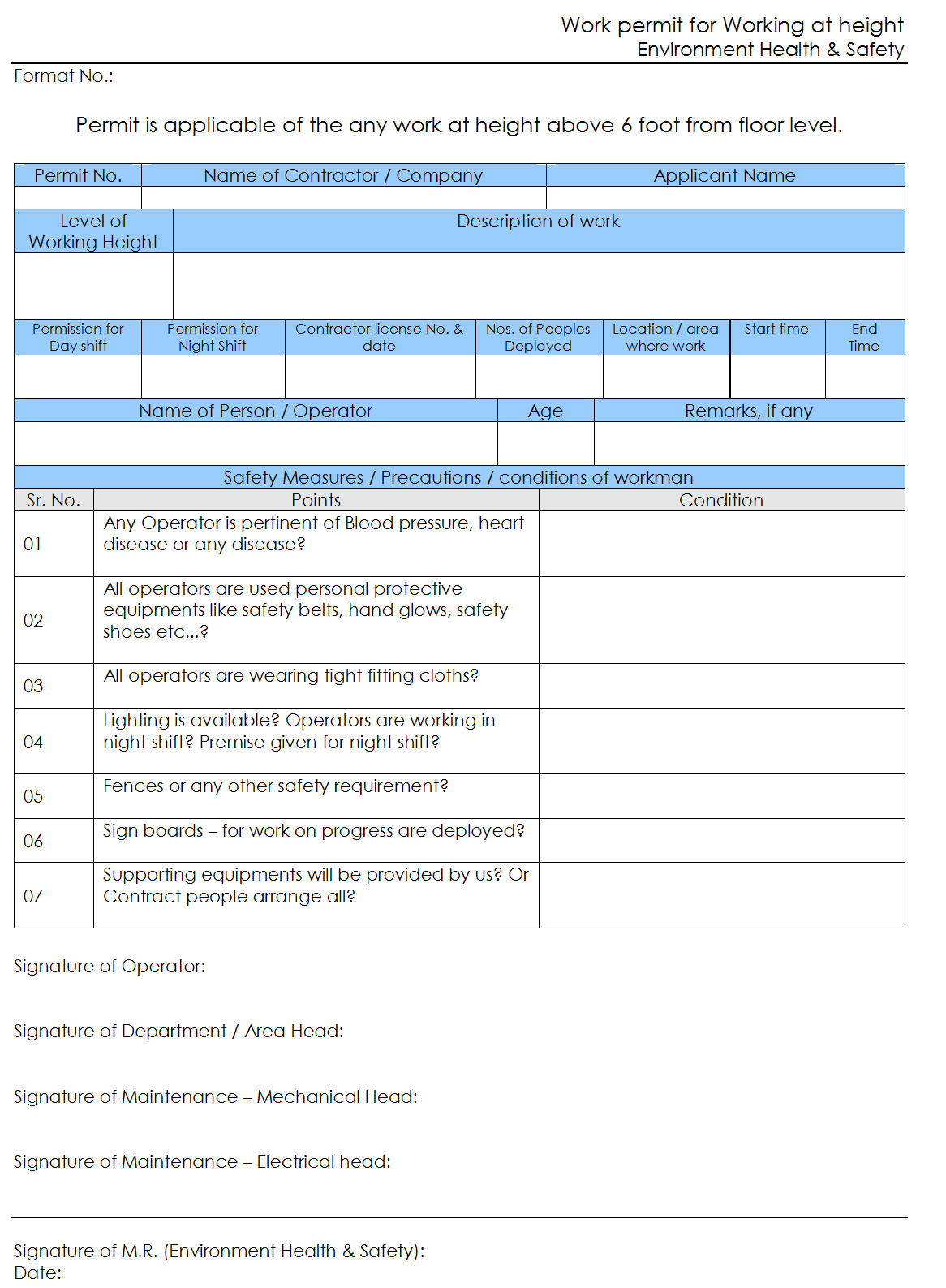 Work permit for working on height Work permit for working on height