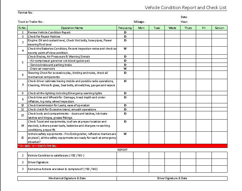 Vehicle Checklist Form Vehicle Checklist Form
