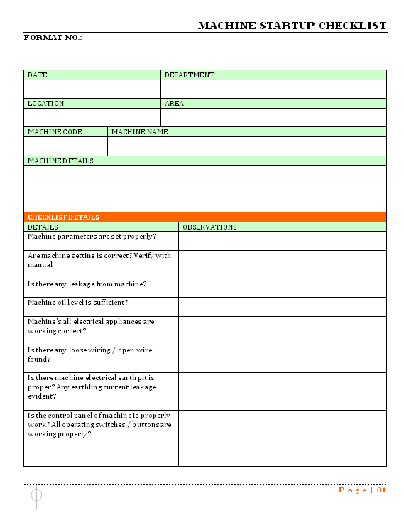 Machine Startup Checklist - Daily Procedure for manufacturing plant Machine Startup Checklist - Daily Procedure for manufacturing plant