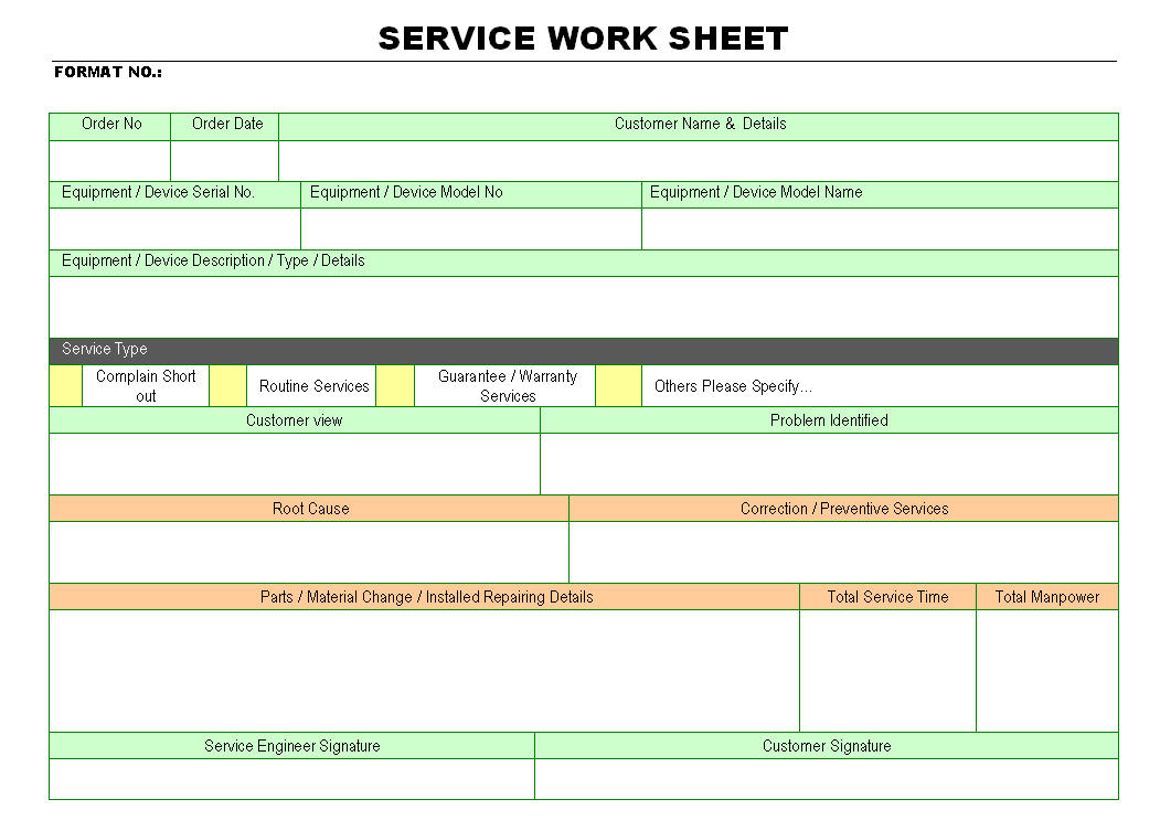 Service Work Sheet