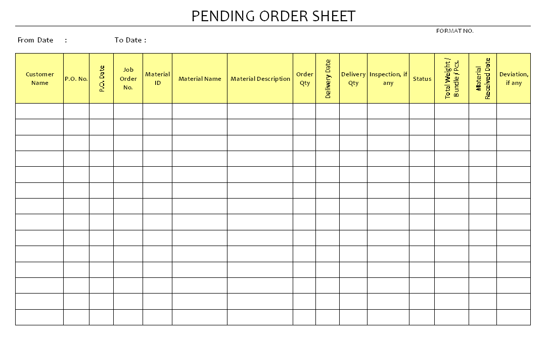 Pending Order Sheet