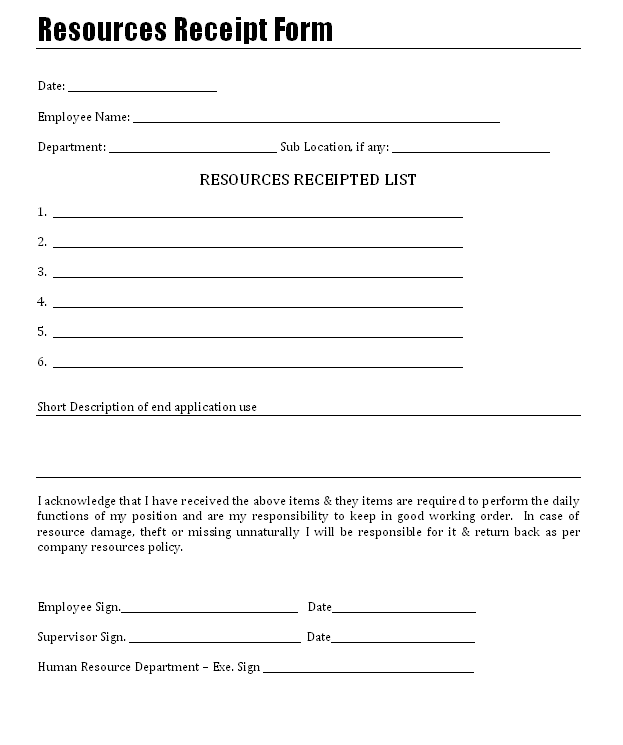 Resource Receipt Form