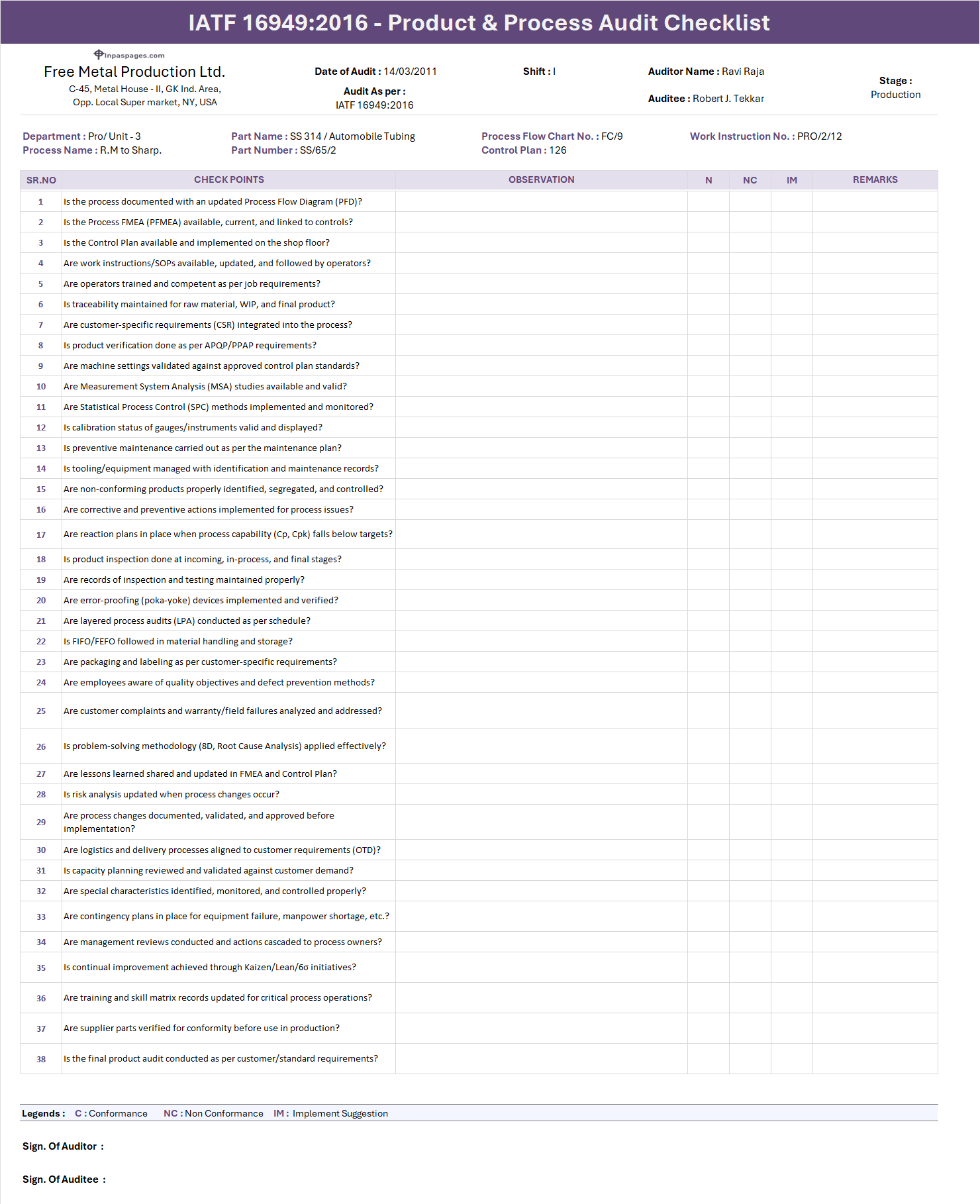 IATF 16949 Product Process Audit Checklist [Excel Sheet]