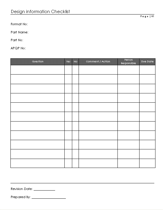 Design Information Checklist Format : APQP Format | Word | PDF | Sample