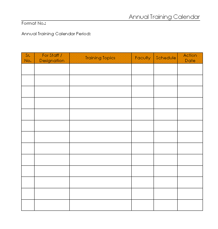 Annual Training Calendar Format Excel PDF Sample