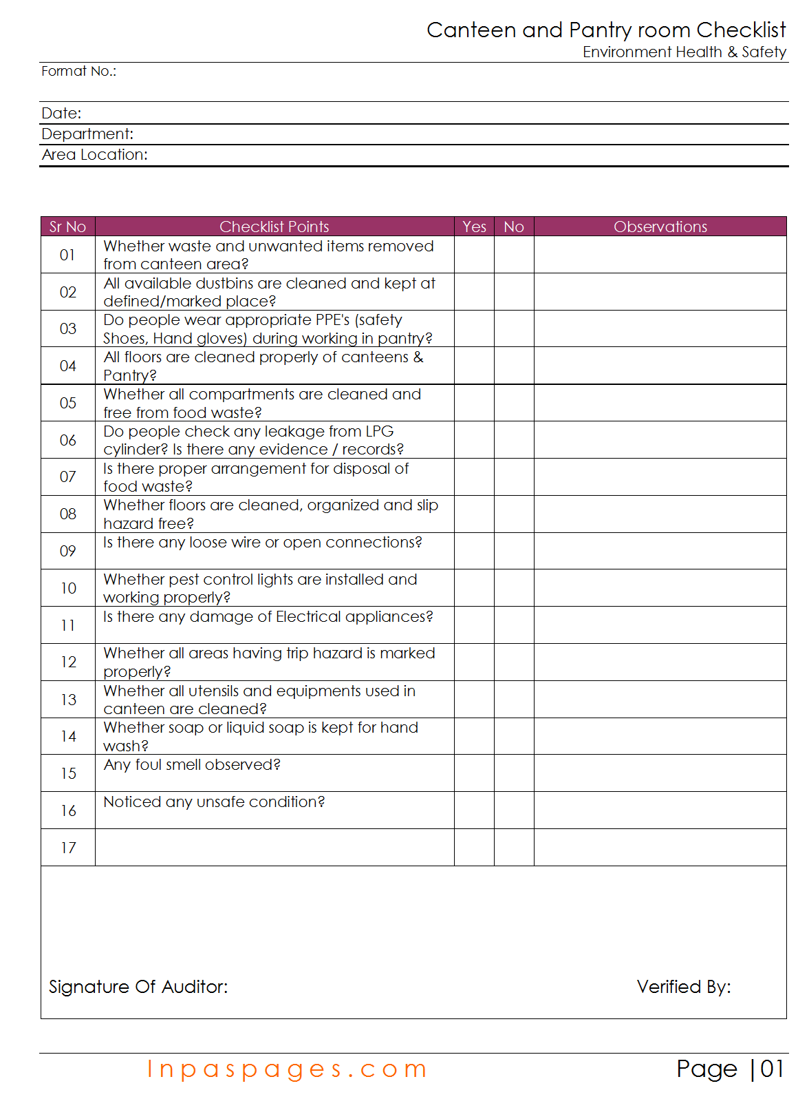 Canteen And Pantry Room Checklist Format Excel PDF Sample