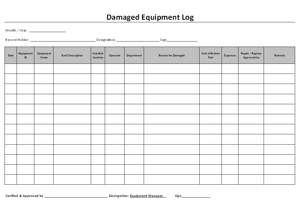 Damaged Equipment Log Format