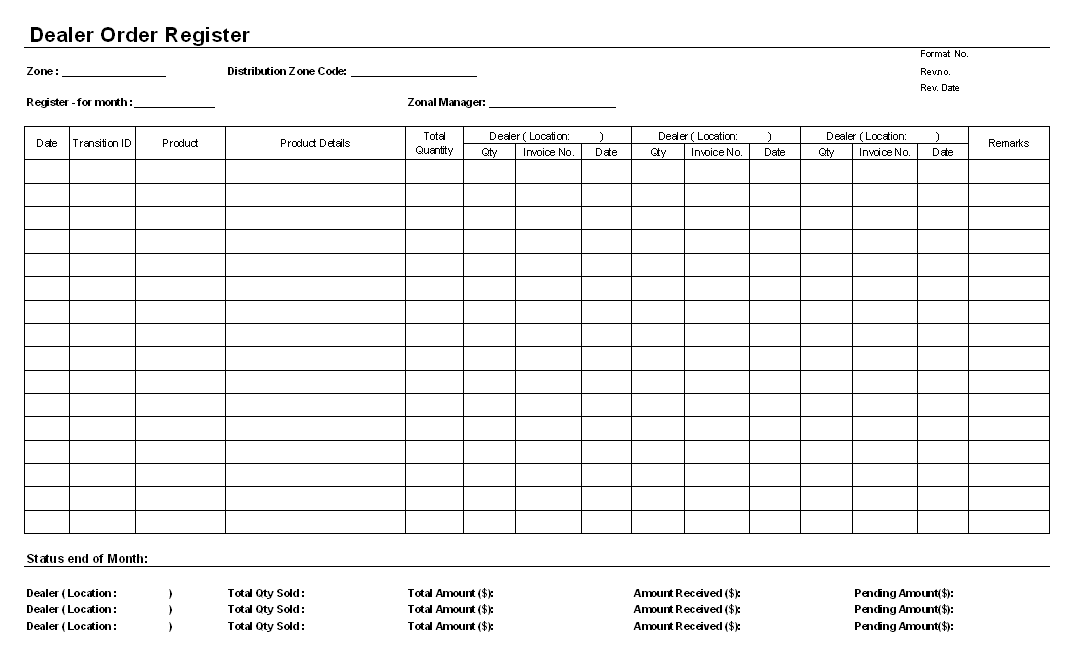 Dealer Order Register Format