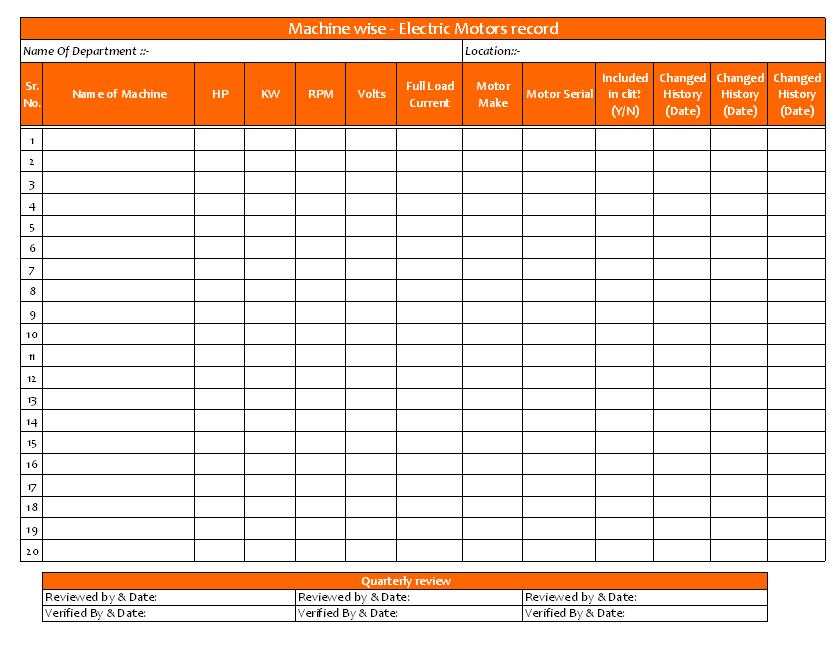 Electric Motor Record Sheet Format Word PDF Sample