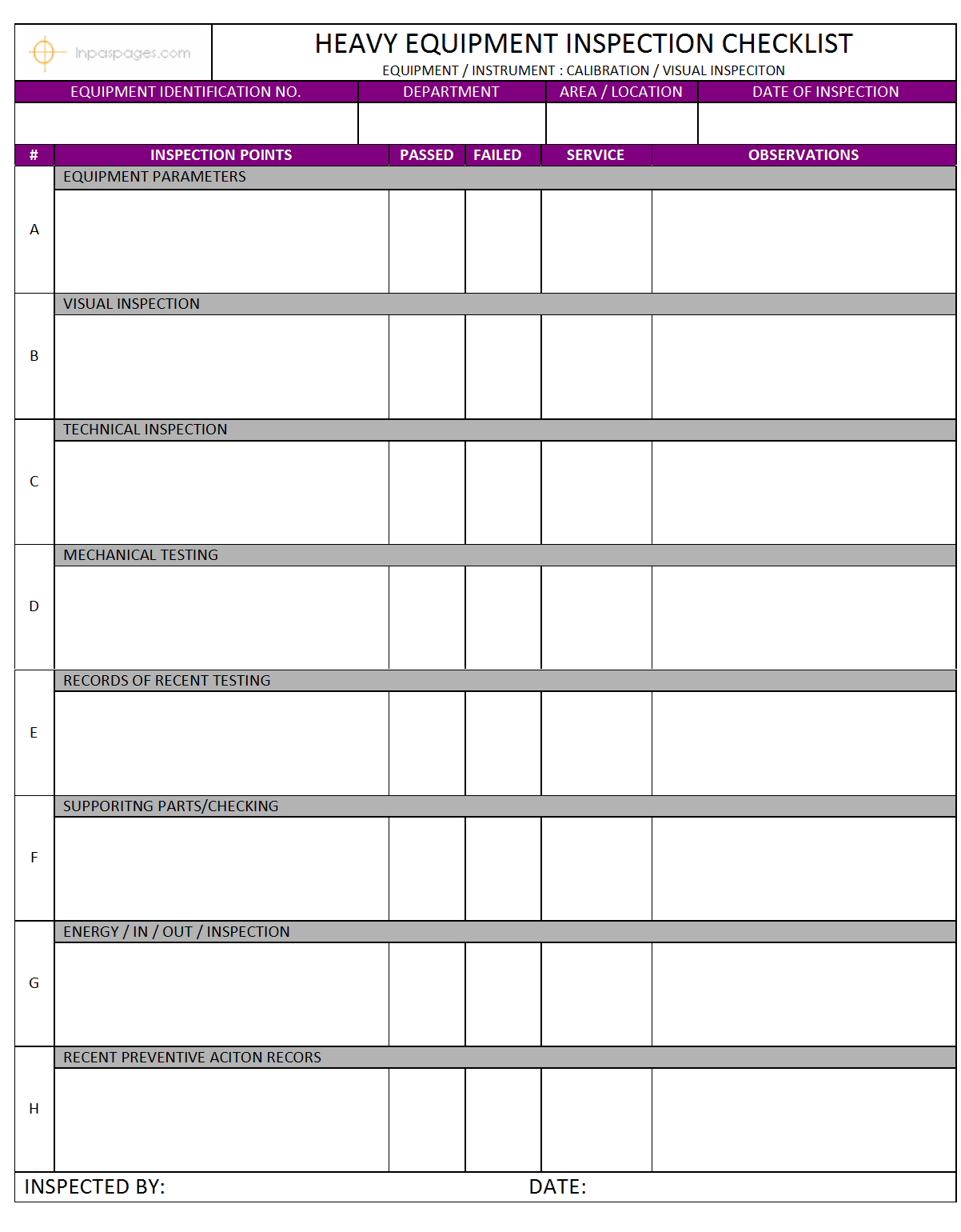 Heavy Equipment Inspection Checklist Format Word PDF Report