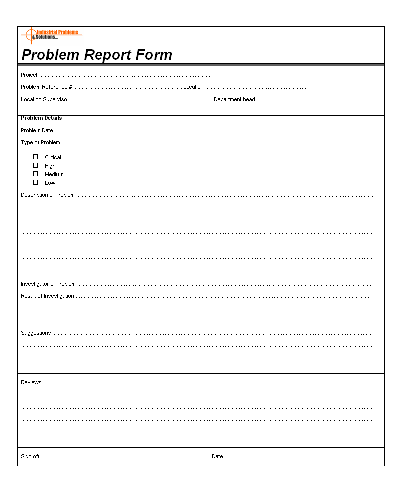 Problem Report Form Format