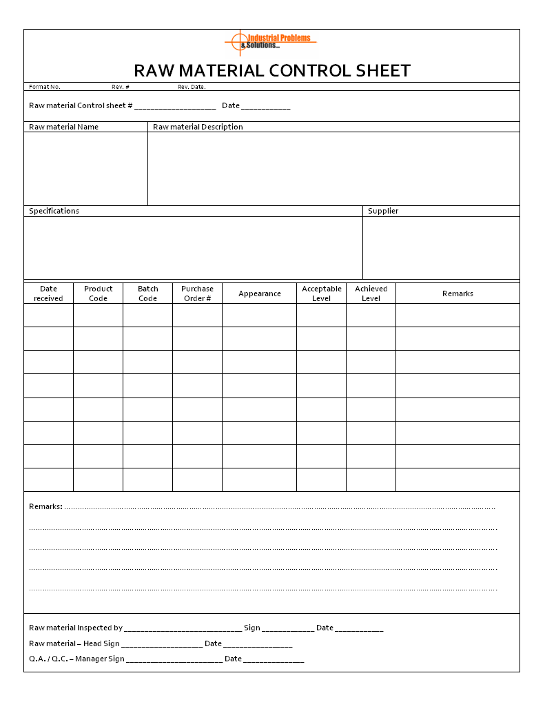 Raw Material Control Sheet Format Raw Material Control Sheet Format