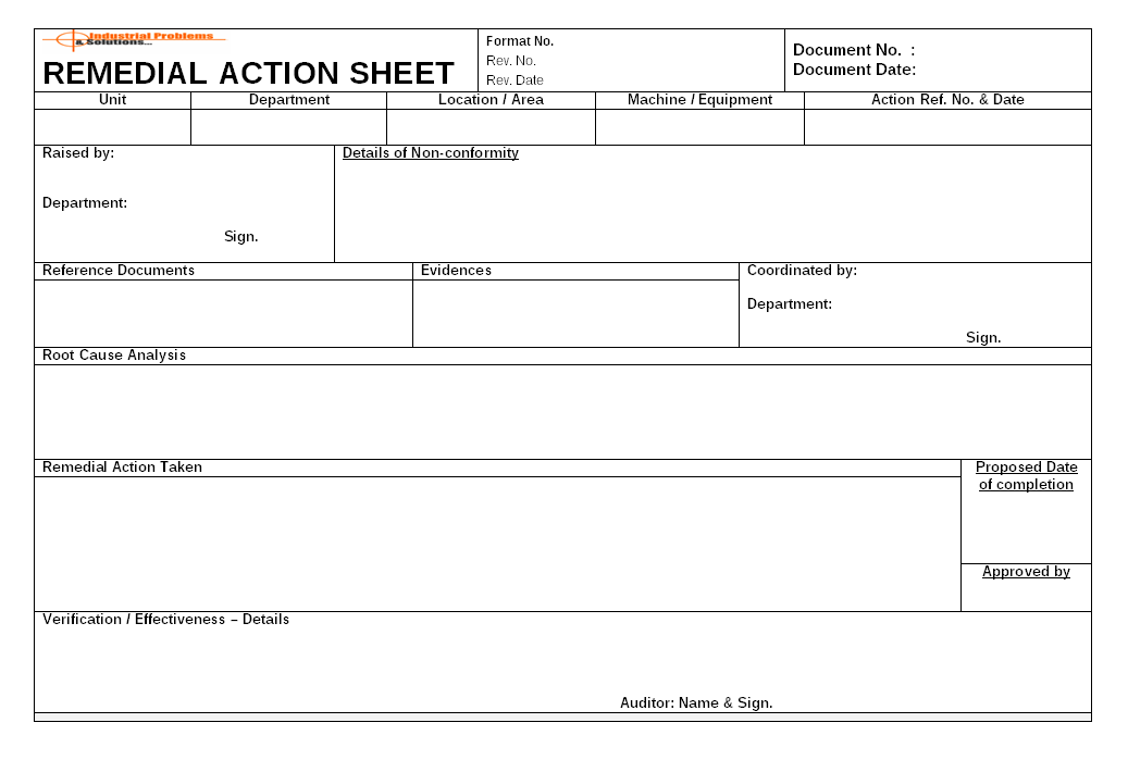 Remedial Action Sheet Format