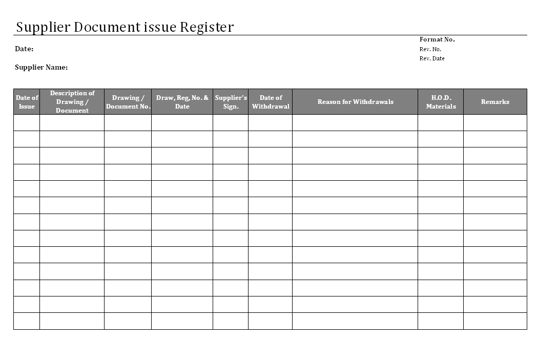 Supplier Document Issue Register Format Supplier Document Issue Register Format