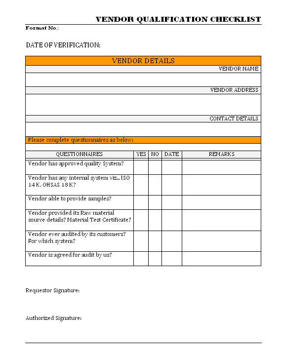 Vendor Qualification Checklist Format Word PDF Report