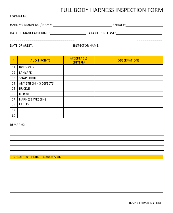 Full body harness inspection form Full body harness inspection form