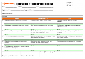 Equipment operation startup checklist