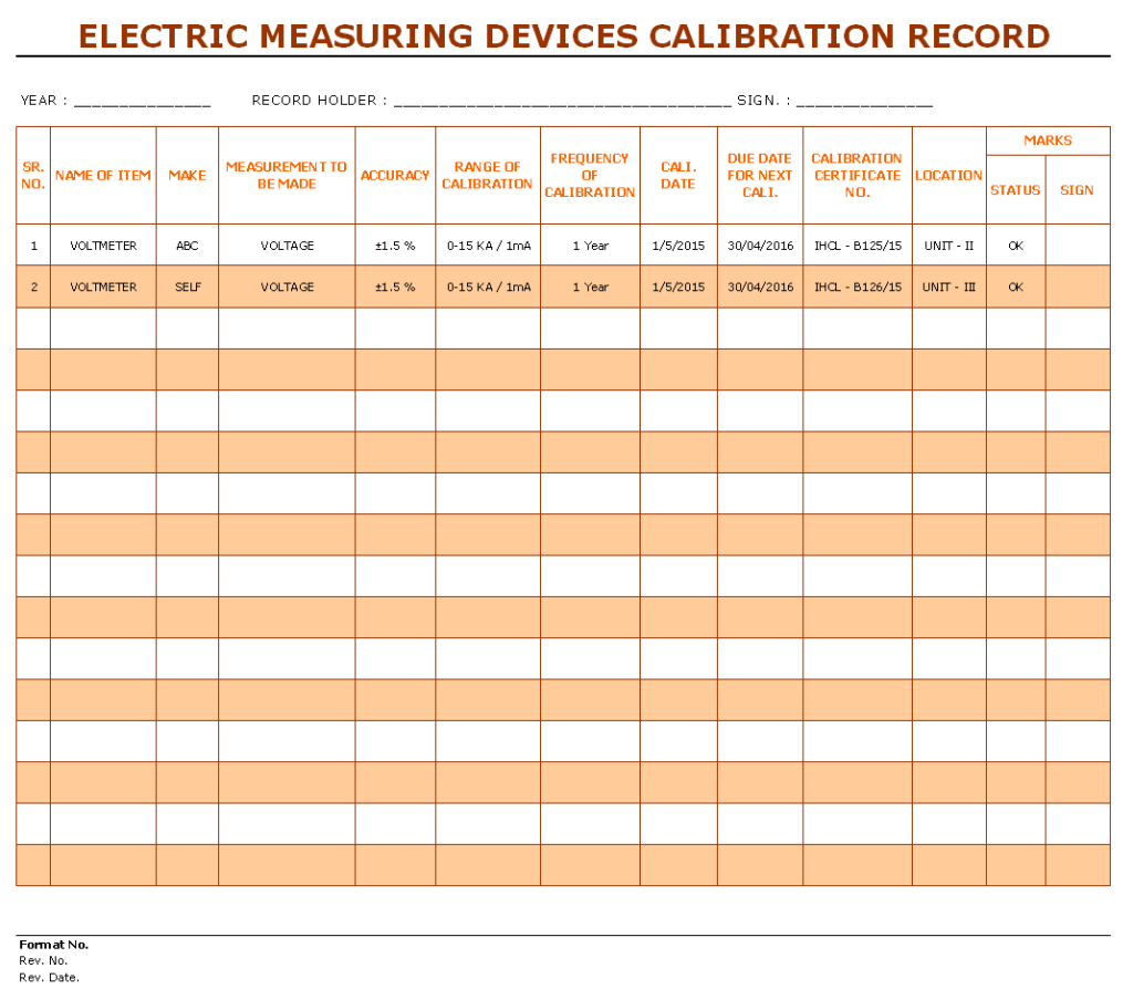 Electric measuring devices calibration document Electric measuring devices calibration document