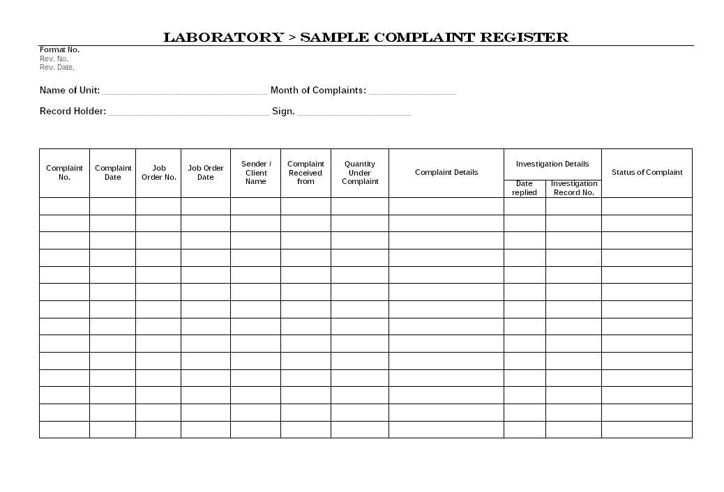 Laboratory Sample Complaint Register