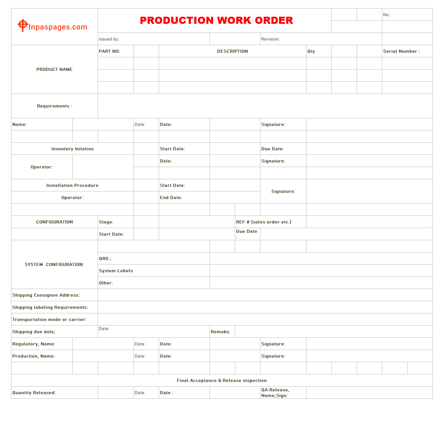 Work Order | 11+ Free Work order form format template for Excel