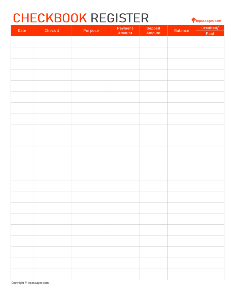 Excel checkbook register template | Printable check register free