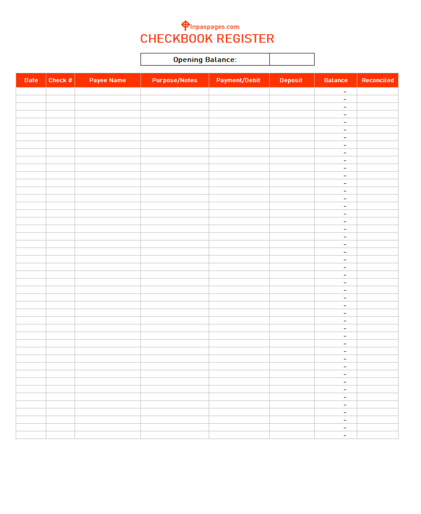 Excel checkbook register template | Printable check register free
