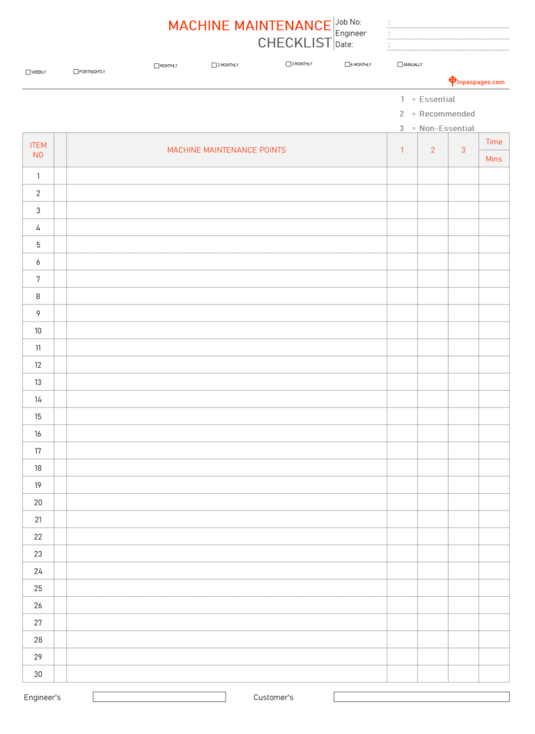 Maintenance Checklist Templates - 10+ free daily, weekly