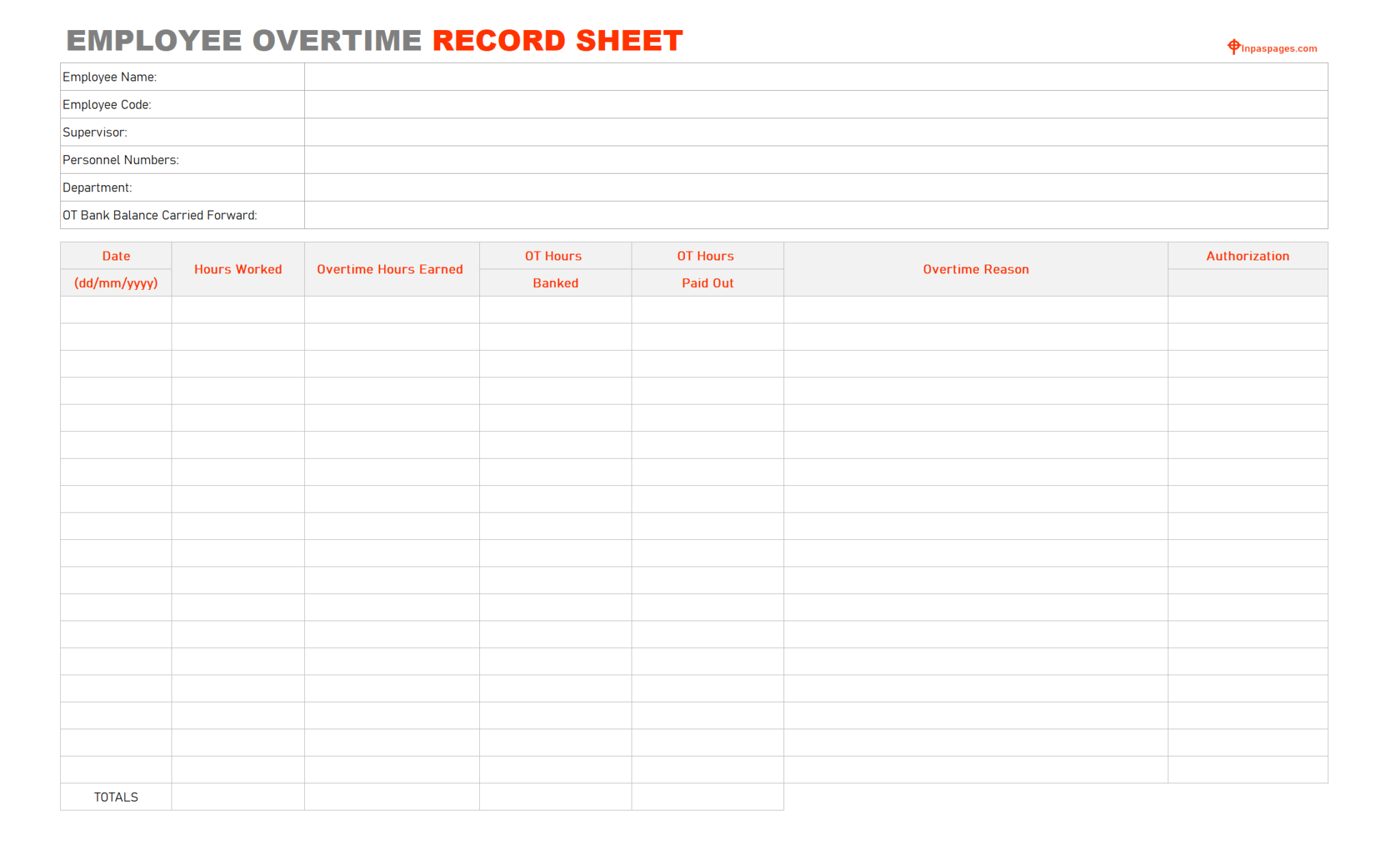 Employee overtime record sheet template for excel
