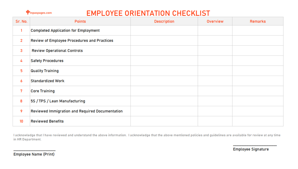 Employee Orientation Checklist – Word | Excel | PDF – templates