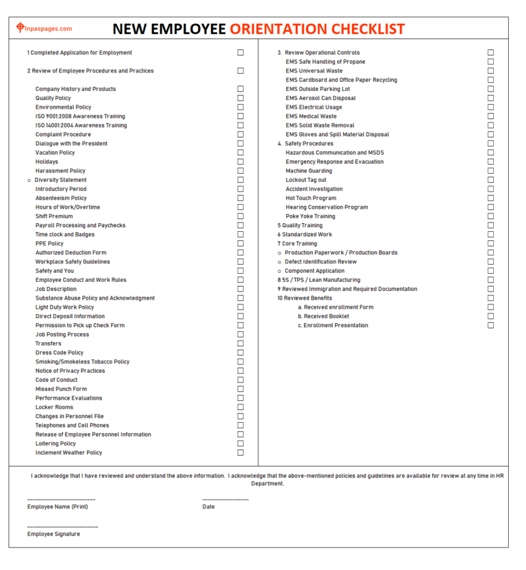 Employee Orientation Checklist – Word | Excel | PDF – templates