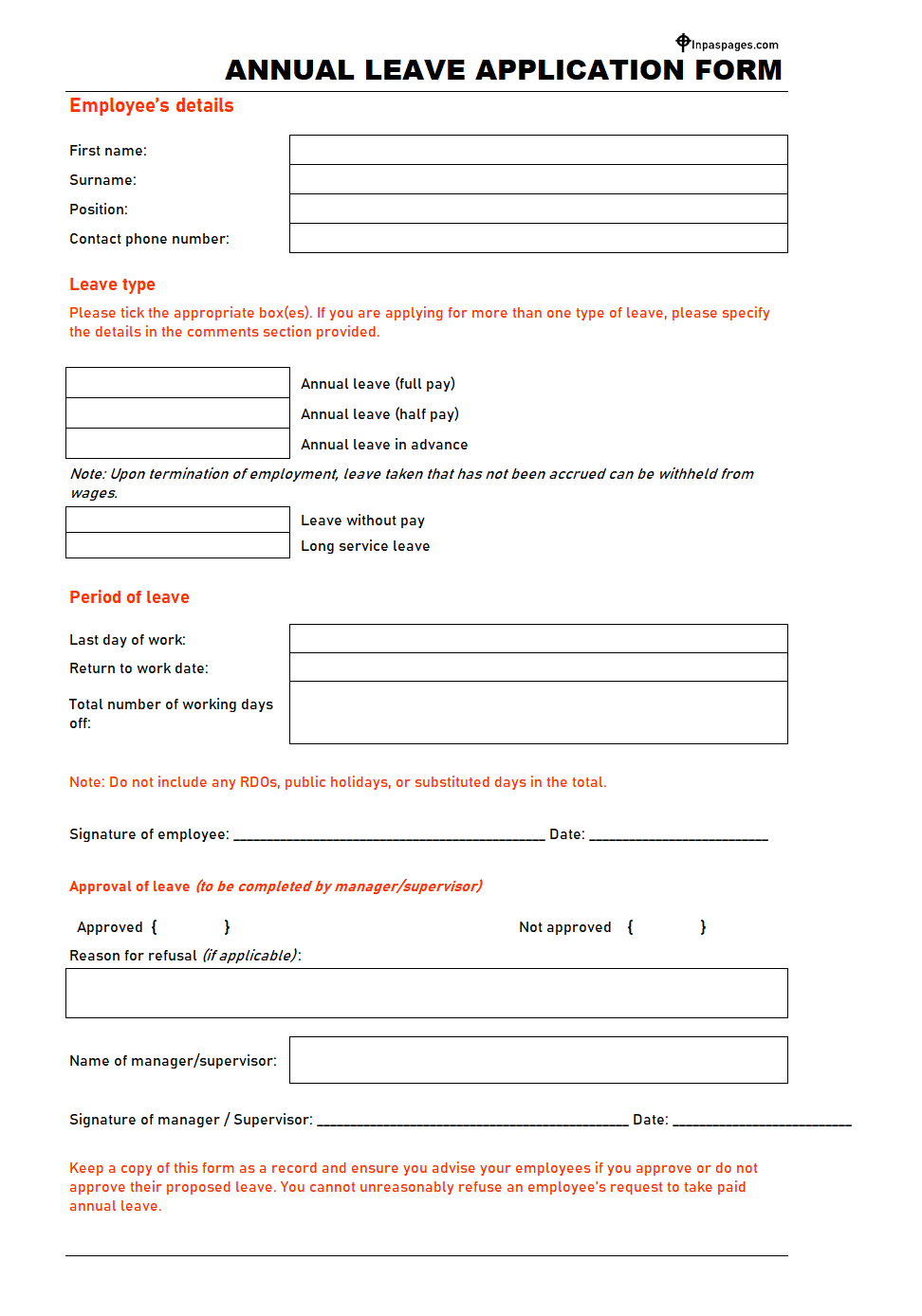 Leave Application form template | Employee in Excel & word format